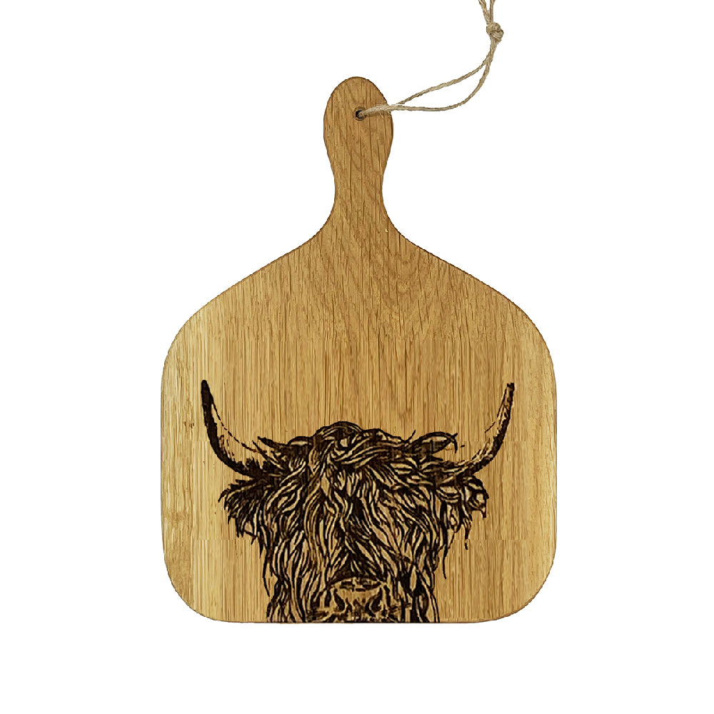 Oak Hanging Paddle - Small - Highland Cow – Crooked Mouth Creatives